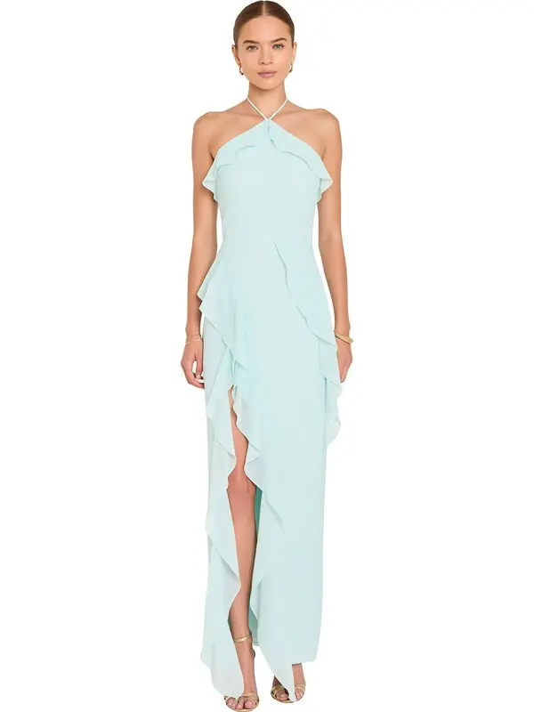 Amanda Uprichard Alessandra Chiffon Maxi Dress With Halter Neckline And Ruffled Accents - Celadon