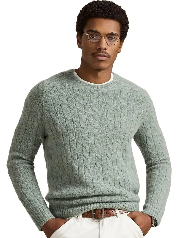 Ralph Lauren Suede-patch Cable-knit Sweater - Fern Green Heather