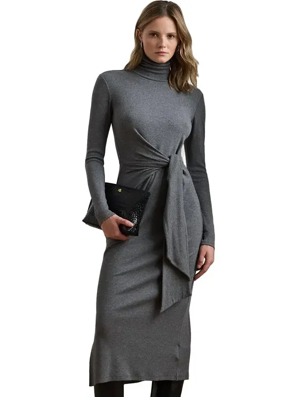 Ralph Lauren Tie-front Turtleneck Dress - Onyx Grey Heather