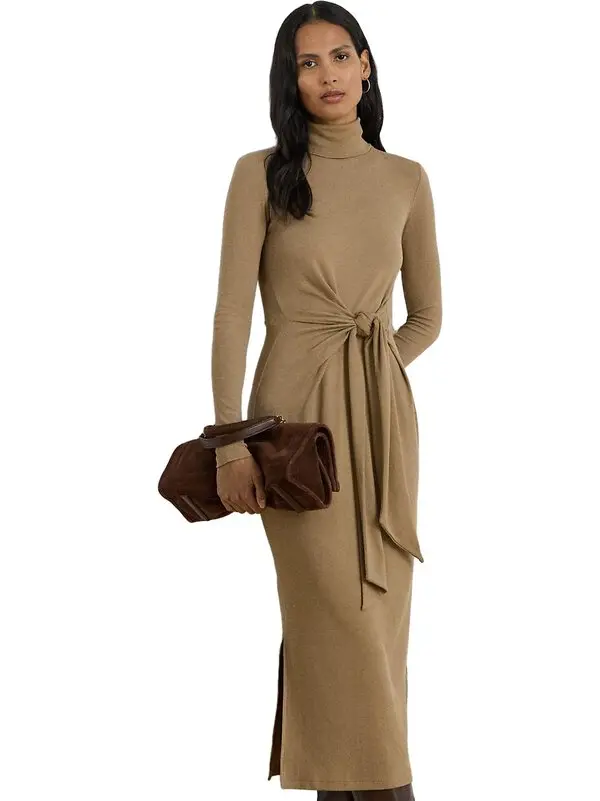 Ralph Lauren Tie-front Turtleneck Midi Dress - Classic Camel