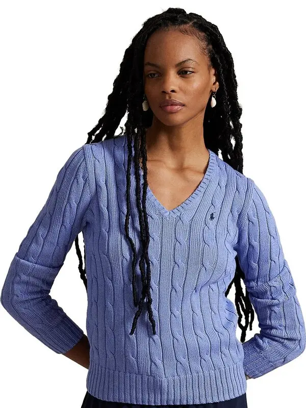 Ralph Lauren Cable-knit Cotton V-neck Sweater - New Litchfield Blue