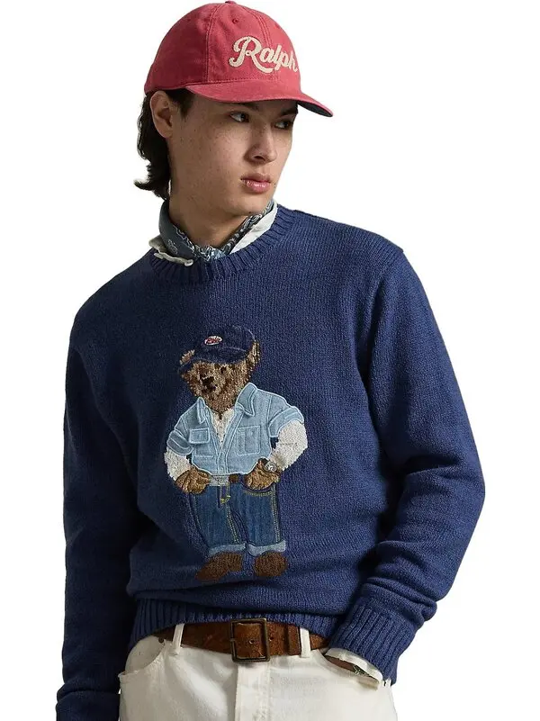 Ralph Lauren Intarsia Polo Bear Cotton Sweater - Light Navy