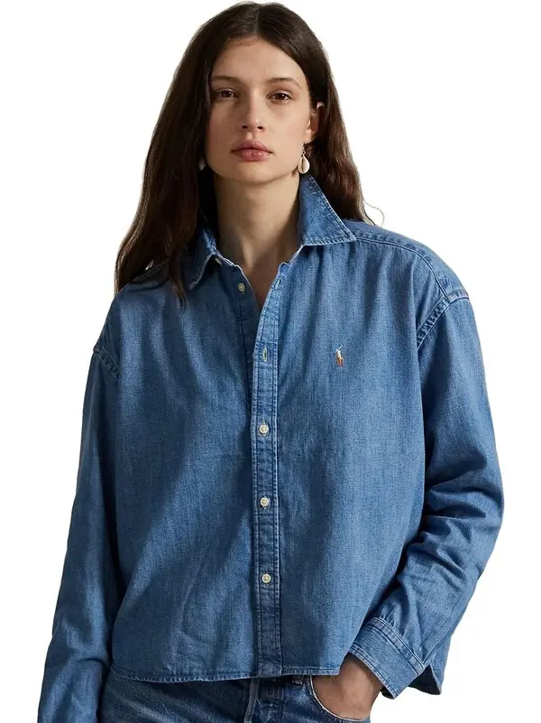 Ralph Lauren Cropped Boxy Denim Shirt With Embroidered Pony - Zaia Wash