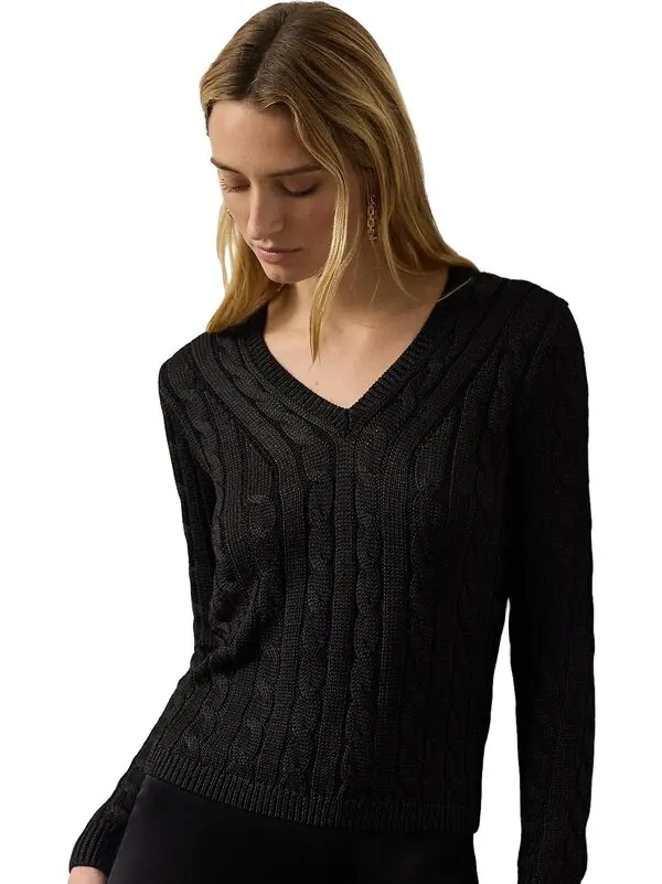 Ralph Lauren Cable-knit Silk V-neck Sweater - Black