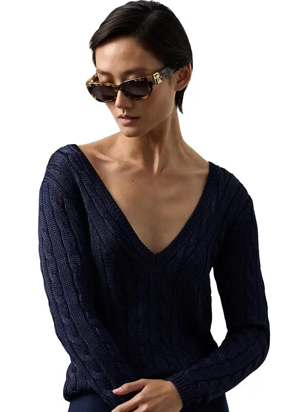 Ralph Lauren Cable-knit Silk V-neck Sweater - Lux Navy