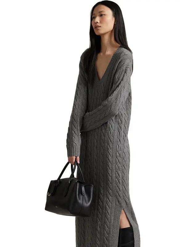 Ralph Lauren Cable-knit V-neck Sweater Dress - Flannel Grey Heather