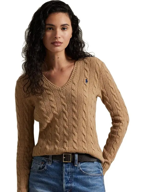 Ralph Lauren Cable-knit Wool-cashmere V-neck Sweater - Collection Camel Melange