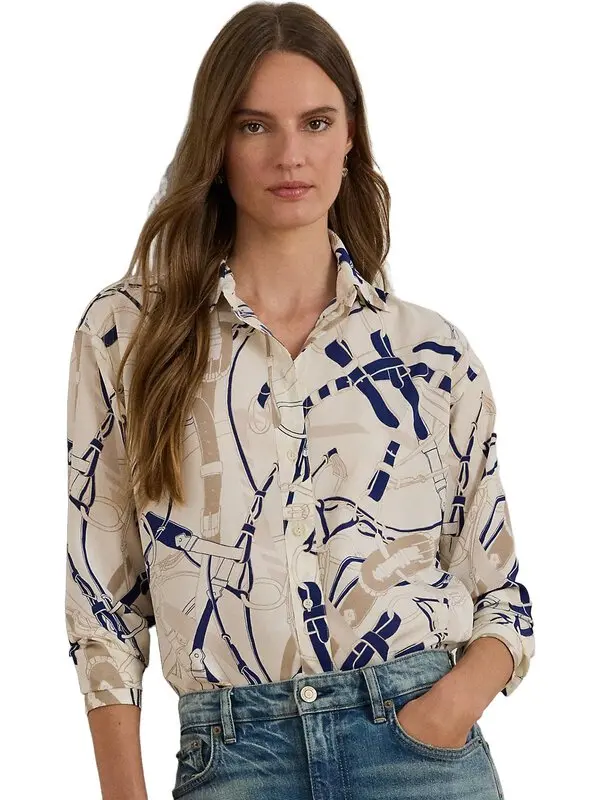Ralph Lauren Relaxed Fit Belting-print Crepe Shirt - Cream/navy