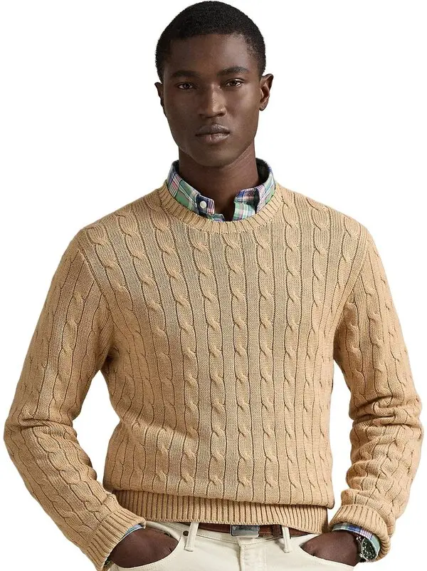 Ralph Lauren Cable-knit Cotton Crewneck Sweater - Camel Melange