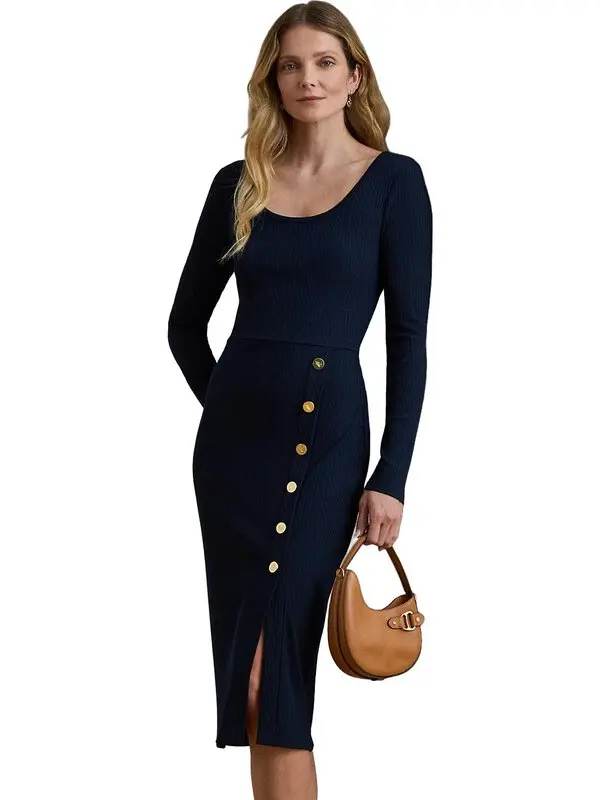Ralph Lauren Rib-knit Button Detailed Sheath Dress - Lauren Navy