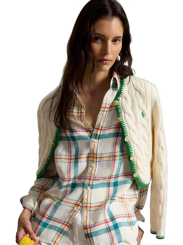 Ralph Lauren Classic Fit Plaid Linen Shirt - White Teal Red Multi