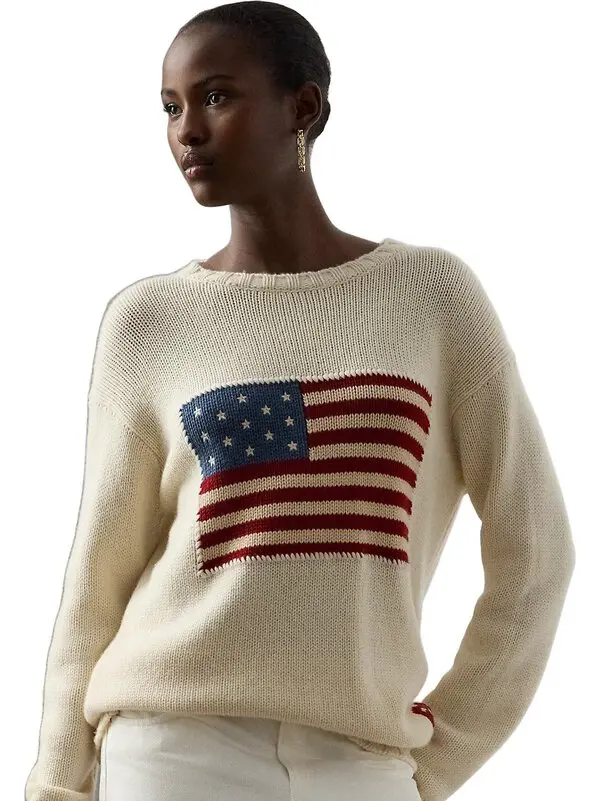 Ralph Lauren Flag Cashmere Crewneck Sweater - Lux Cream W/flag