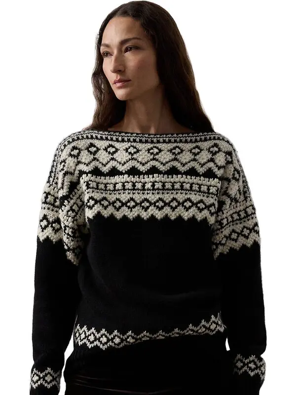 Ralph Lauren Cashmere Jacquard Boatneck Sweater - Black/cream