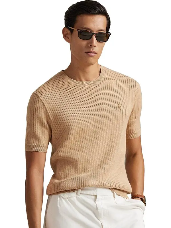 Ralph Lauren Rib-knit Cotton Short-sleeve Sweater - Camel Melange
