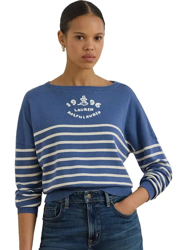 Ralph Lauren Striped Cotton Boatneck Sweater - Carson Blue/cream