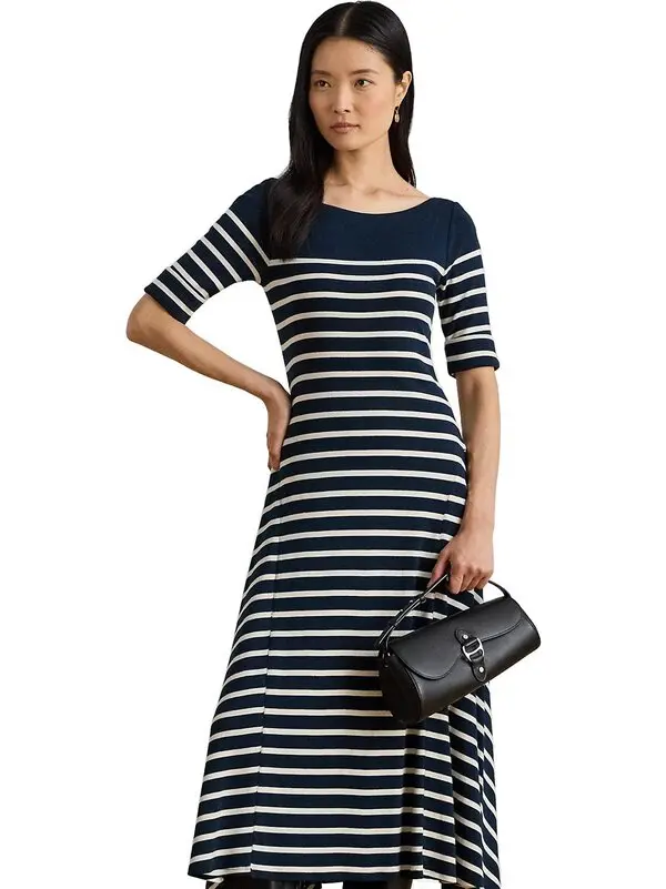 Ralph Lauren Striped Rib-knit Midi Dress - Lauren Navy/cream