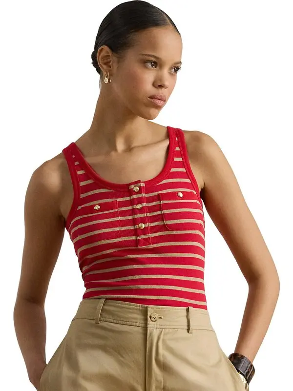 Ralph Lauren Striped Rib-knit Tank Top - Cruise Red/birch Tan
