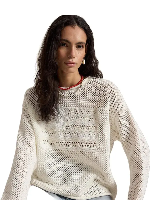 Ralph Lauren Flag Pointelle Cotton Sweater - White Multi