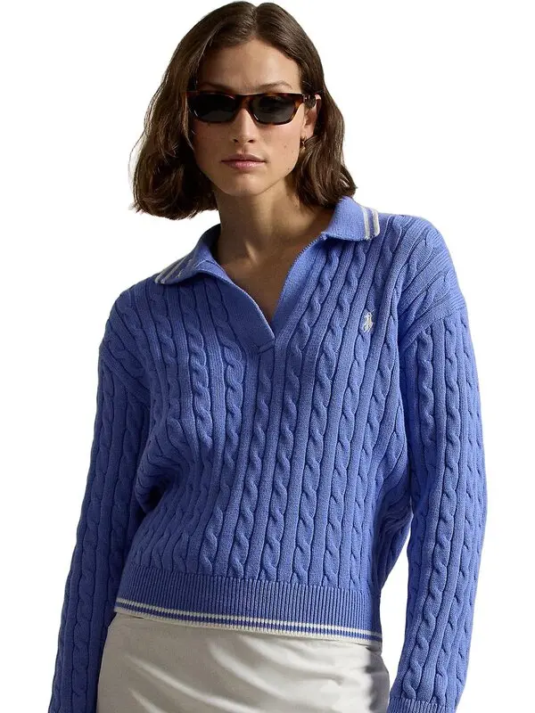 Ralph Lauren Cable-knit Polo-collar Sweater - Blue Mist/white Splash