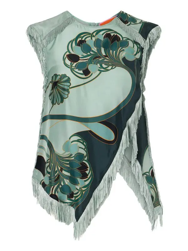 La DoubleJ Fringed Printed Silk-satin Blouse - Green