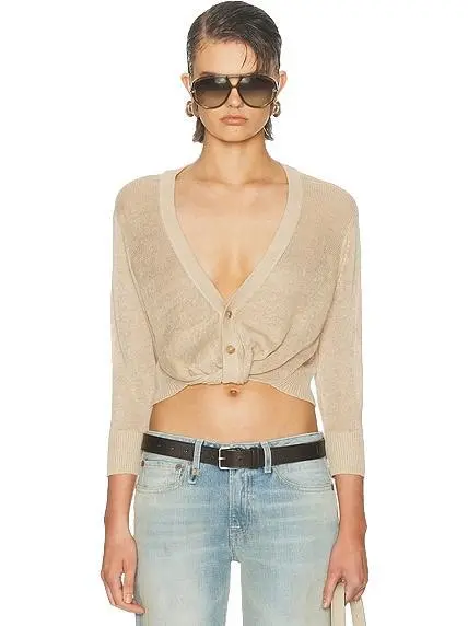 R13 3/4 Sleeve Twisted Front Cardigan - Light Khaki
