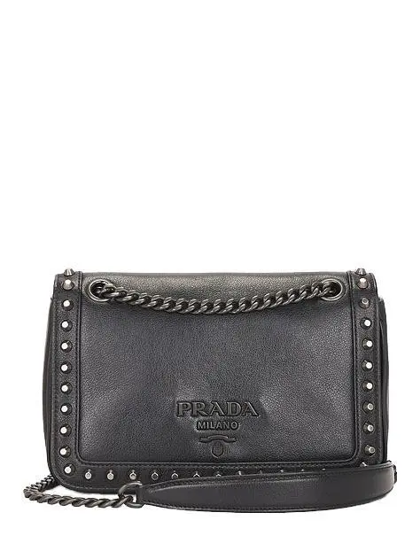 FWRD RENEW Prada Glace Calfskin Studded Crossbody Bag - Black