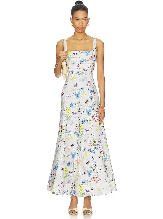 Alice + Olivia Polly Seamed Drop Waist Flared Ankle Length Dress - Twisting Vines Off White