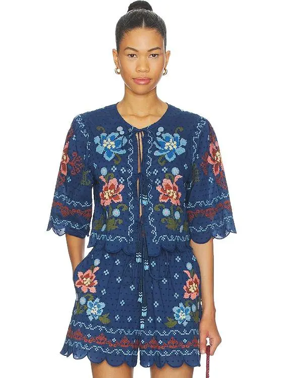 Farm Rio Blouse Top - Stitched Garden Dark Blue