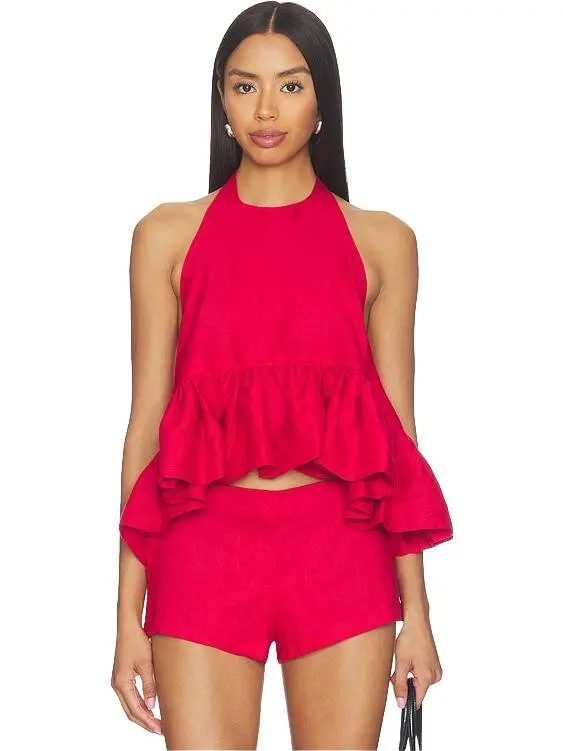 AEXAE Linen Peplum Top - Solid Red