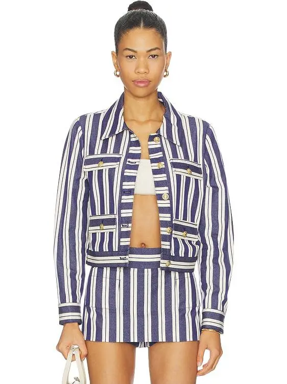 Alice + Olivia Alex Collared Boxy Jacket - Metro Stripe Twilight Blue