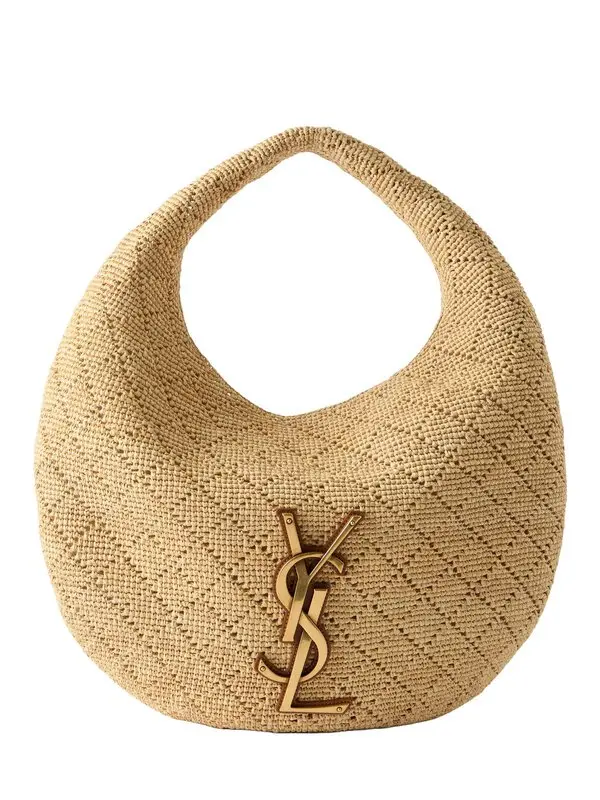 Saint Laurent Icare Cassandre-embellished Woven Raffia Shoulder Bag - Neutrals