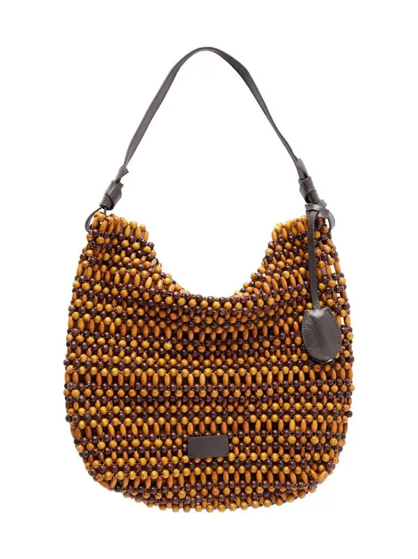Staud Drift Leather-trimmed Beaded Shoulder Bag - Brown