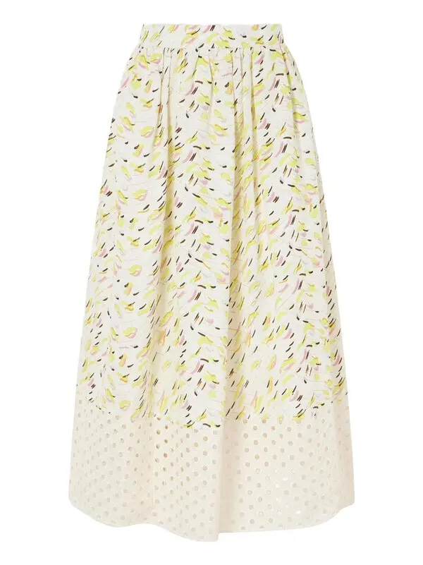 Marni Printed Linen Midi Skirt With Broderie Anglaise Trim - Yellow