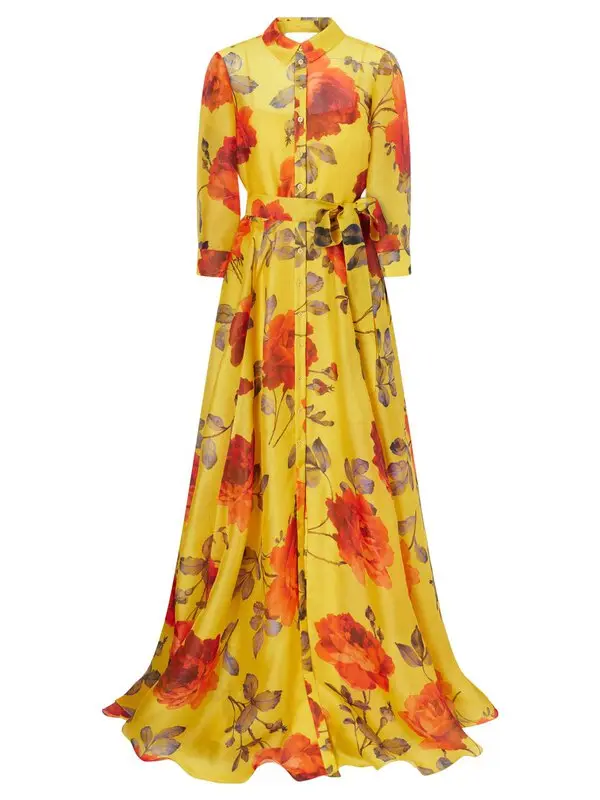 Carolina Herrera Belted Floral-print Silk-organza Gown - Yellow