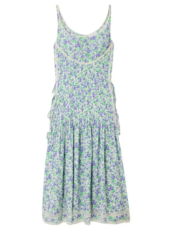 Rabanne Tie-detailed Lace-trimmed Pleated Floral-print Silk Midi Dress - Blue