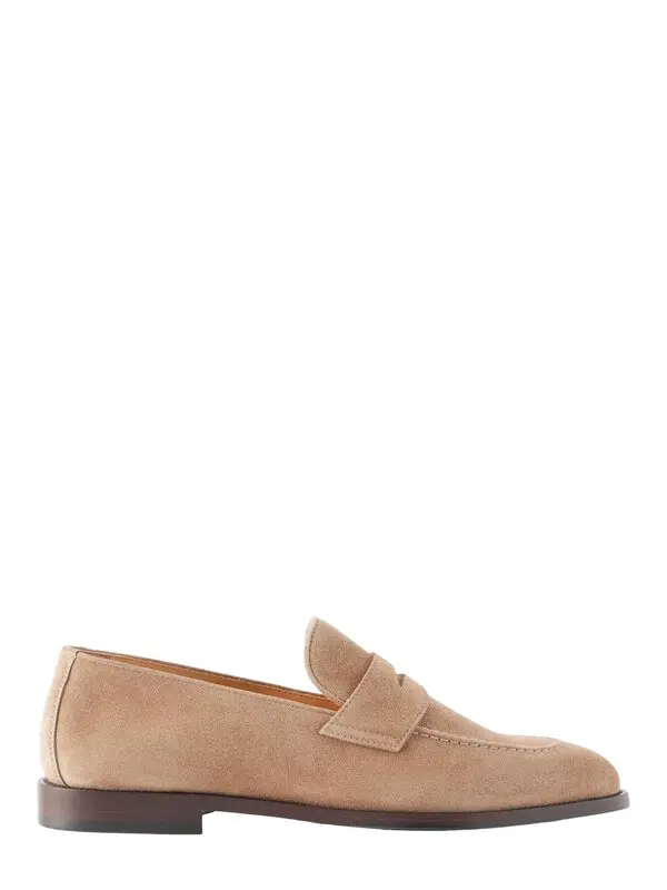 Brunello Cucinelli Calf Suede Penny Loafers - Tan