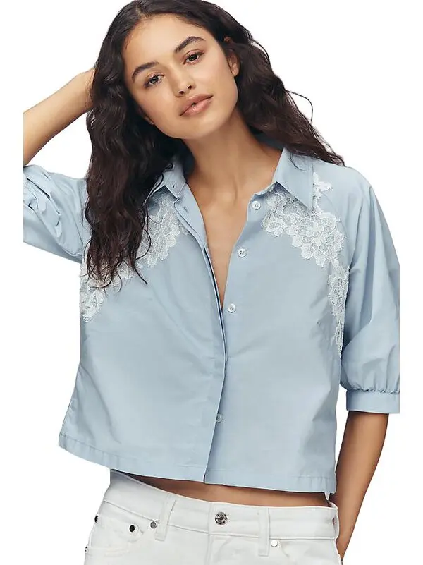 Maeve Lace Half-sleeve Buttondown Crop Shirt - Blue