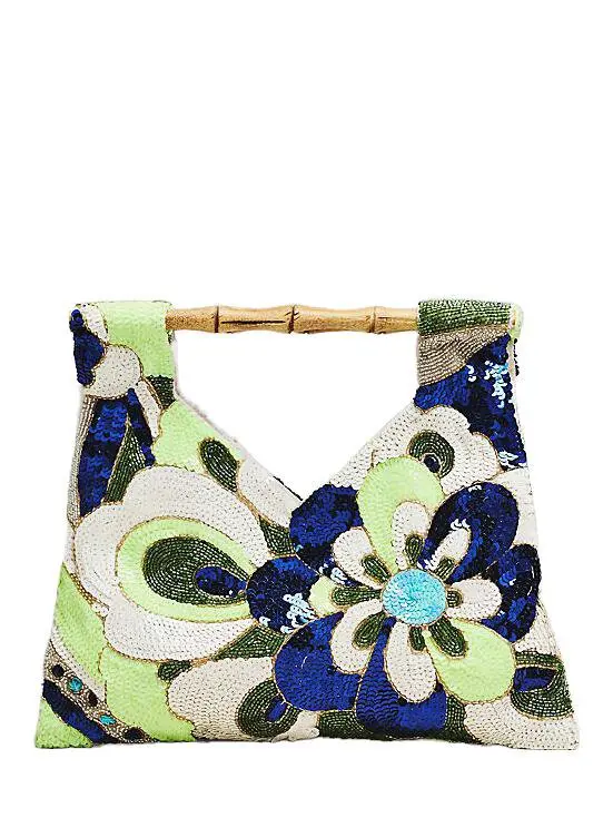 Maeve Beaded Bamboo Handbag - Green Pattern