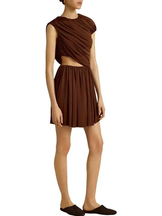 Marina Moscone Mini Gathered Draped Dress With Cap Sleeves - Umber