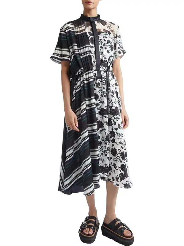 Sacai Pattern Mix Pleated Dress - White Multi