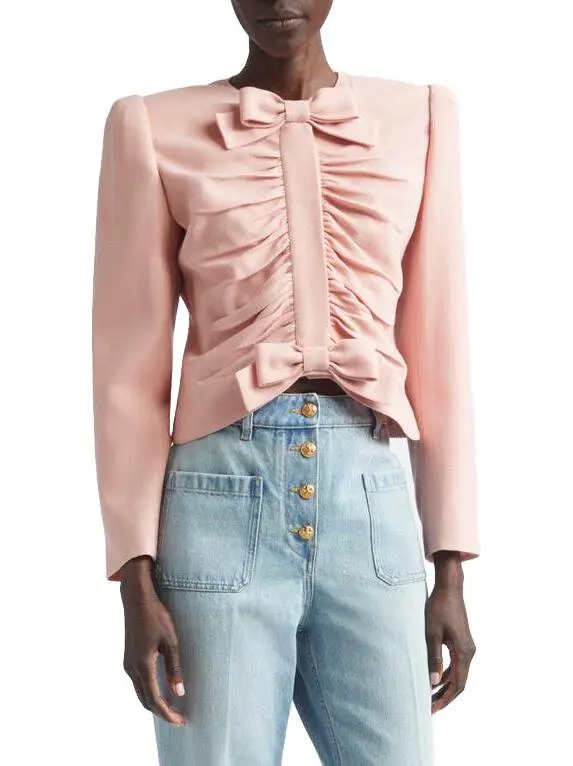 Valentino Garavani Bow Detail Lightweight Wool Crop Jacket - Rose
