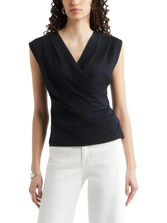 Nordstrom Pleated Faux Wrap Cap Sleeve Top - Black