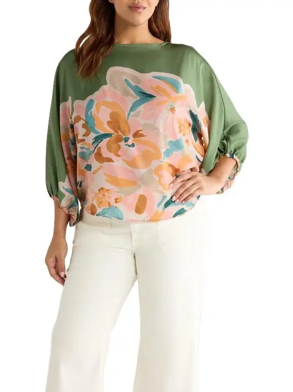 Wit & Wisdom Abstract Floral Peasant Sleeve Top - Basil Multi