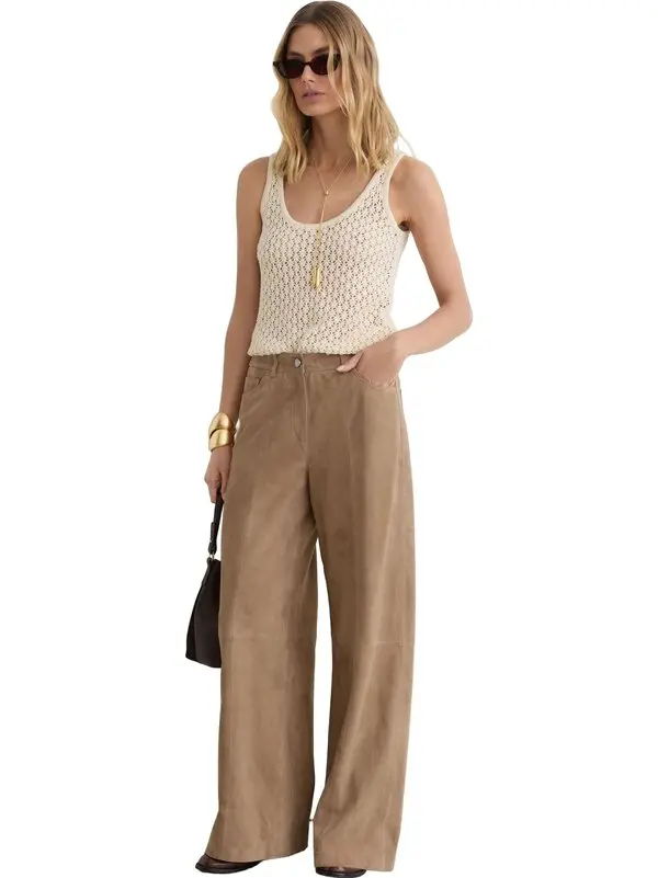 REISS Keria Suede Wide-leg Trousers - Sand