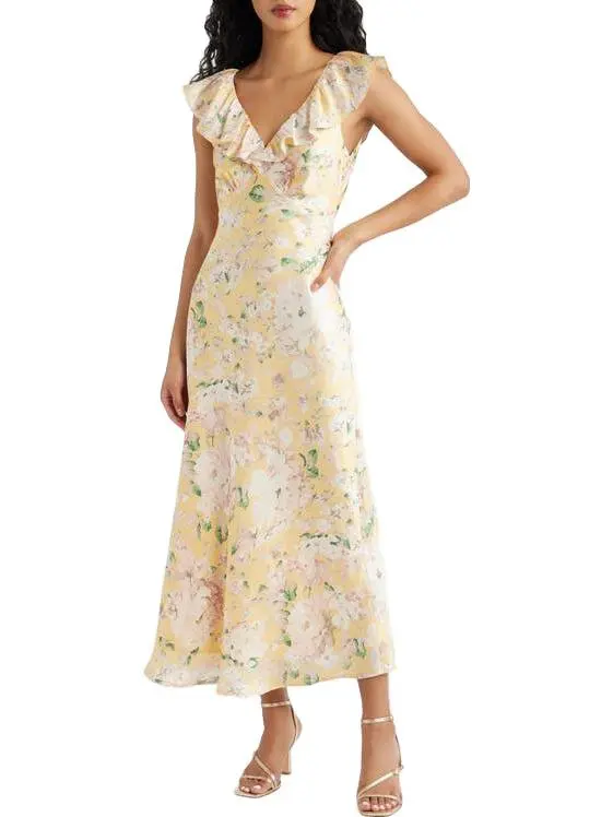 Lulus Carter Ruffle Neck Tie Back Maxi Dress - Yellow Floral