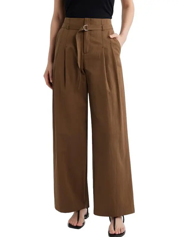 Mango Belted Cotton-blend Wide Leg Trousers - Khaki Green