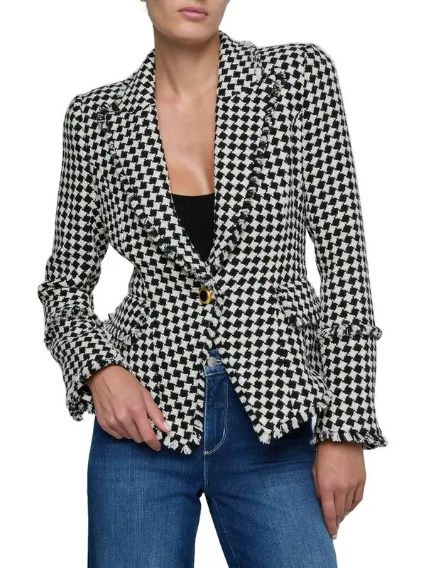 L'Agence Kaisley Fray Hem One-button Blazer - Black/ivory Diamond Tweed