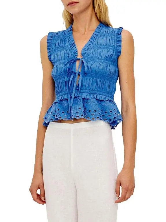 Rails Martine Eyelet Smocked Ruffle Cotton Crop Top - Harbor Blue