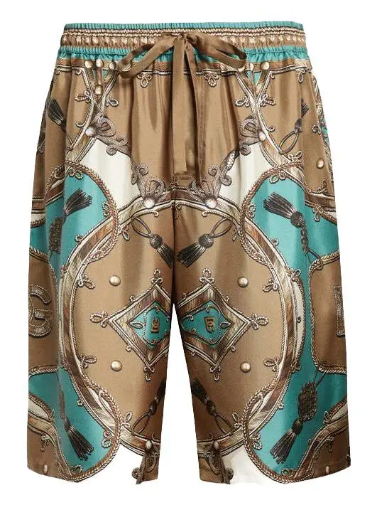 Dolce & Gabbana Cavallo Print Silk Bermuda Shorts - Corde/verdon