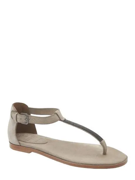Brunello Cucinelli Monili T-strap Suede Sandal - C5859 Ice